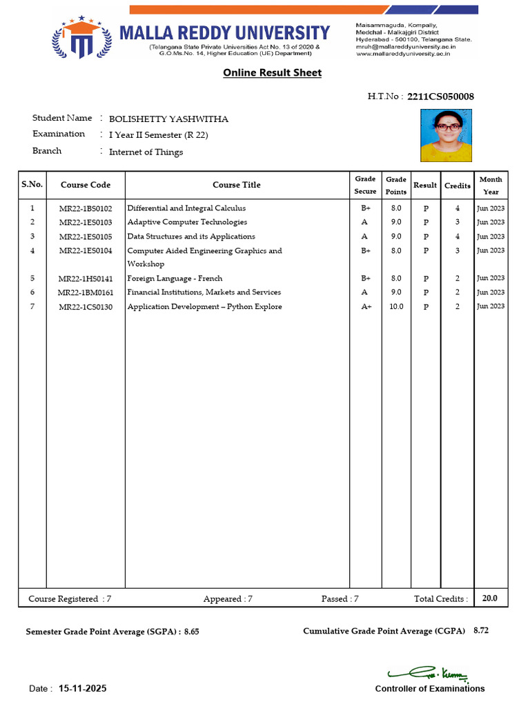 I Year II Semester Result Sheet | PDF