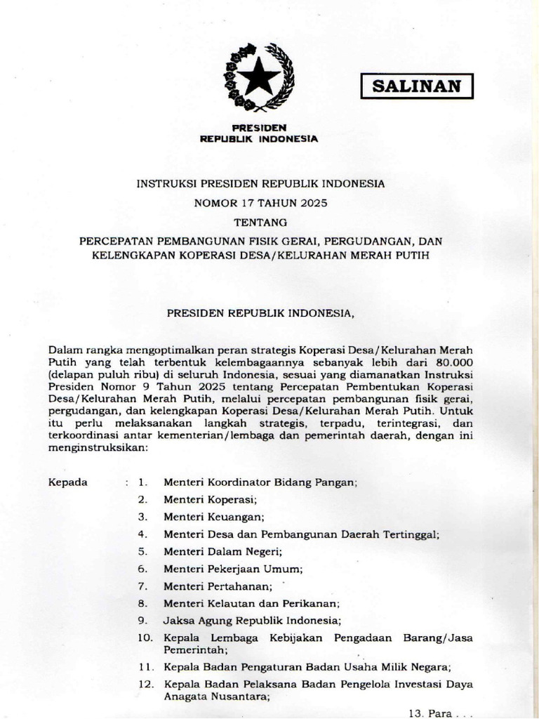 INSTRUKSI PRESIDEN REPUBLIK INDONESIA NOMOR 17 TAHUN 2025 TENTANG PERCEPATAN PEMBANGUNAN FISIK ...