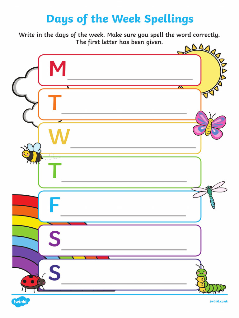 Days of The Week Spelling Activity Sheet | PDF