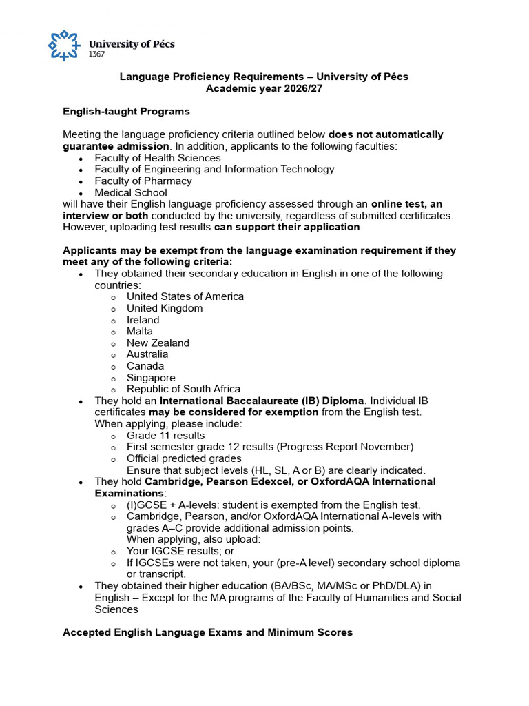 Language Proficiency Requirements | PDF | University And College ...