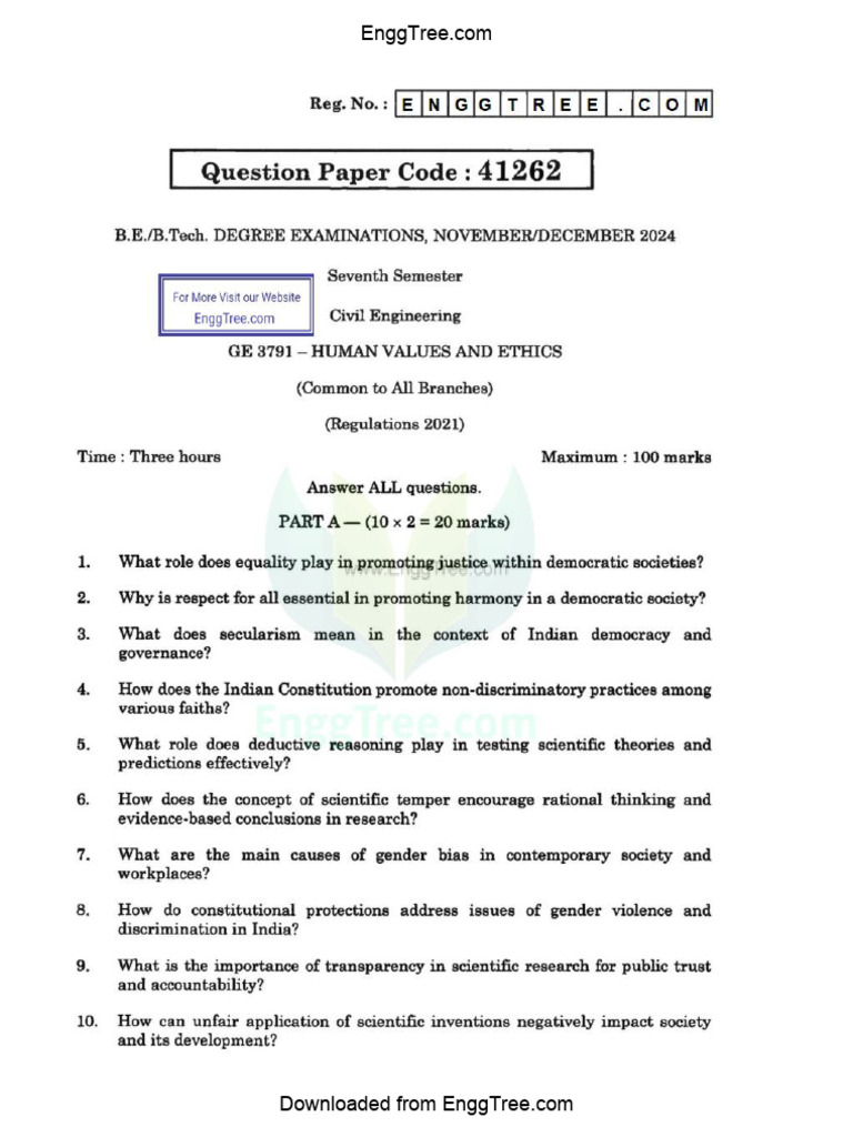 GE3791 Human Values and Ethics Nov Dec 2024 Question Paper Download | PDF