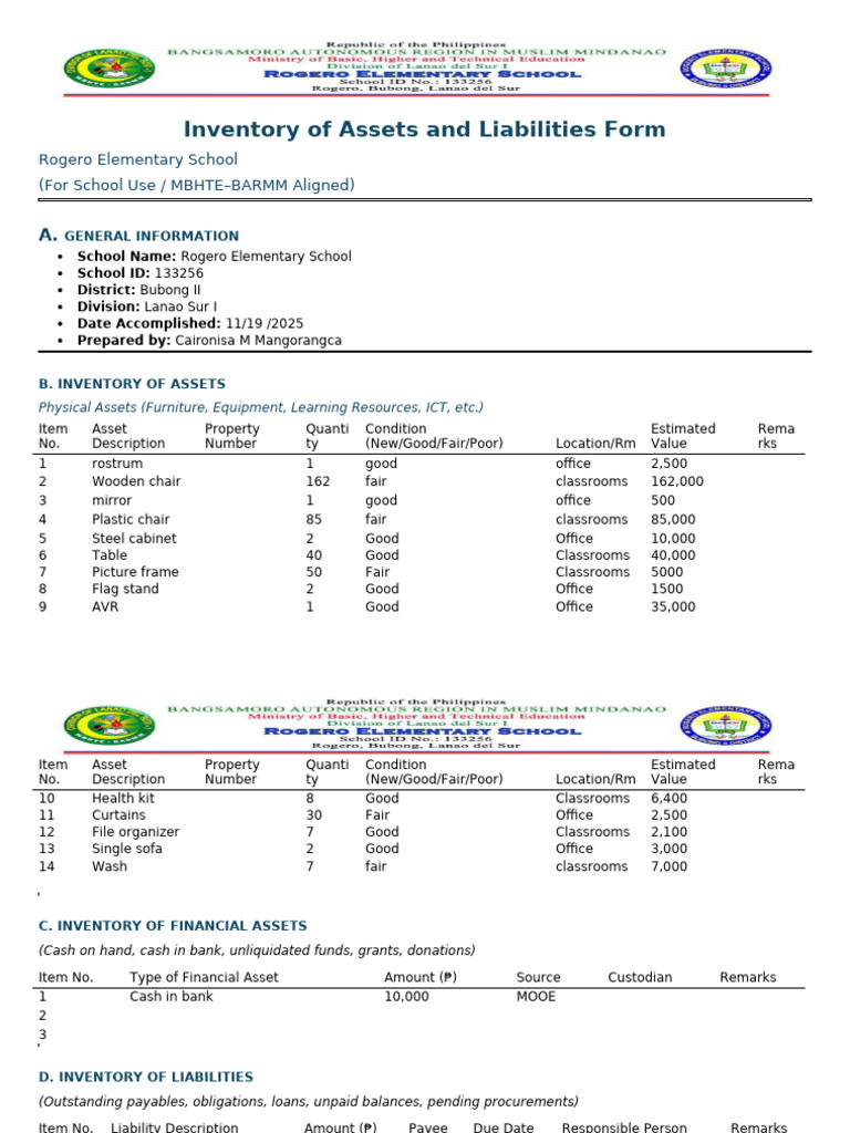Rogero Elementary Asset Inventory Form | PDF | Business | Money
