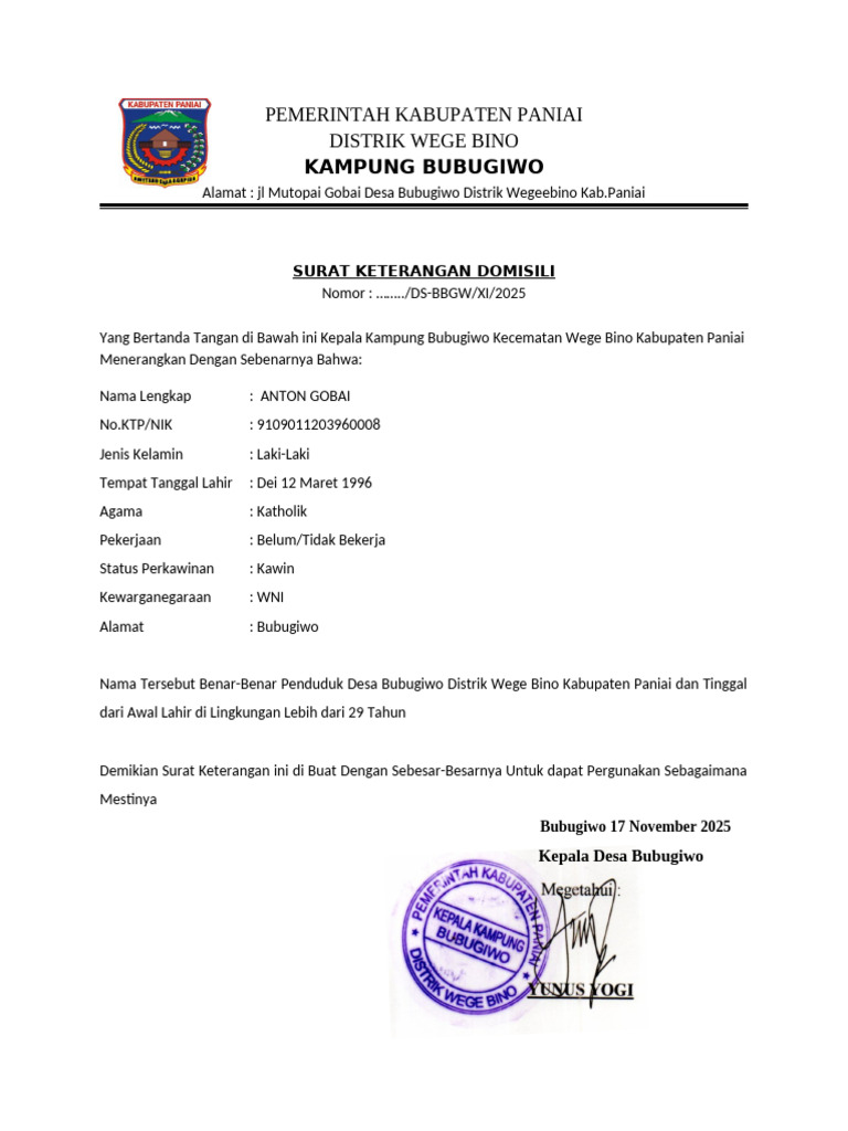 Surat Keterangan Domisili Bubugiwo | PDF
