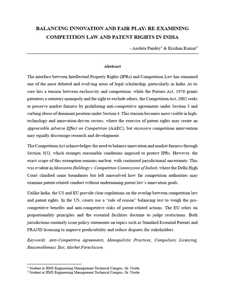 Competition Law and Patent Rights in India | PDF | Competition Law | Patent