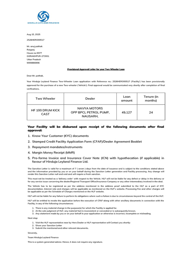 Provisional Two-Wheeler Loan Approval | PDF | Business Law | Business