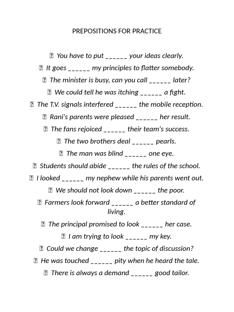 Prepositions For Practice | PDF