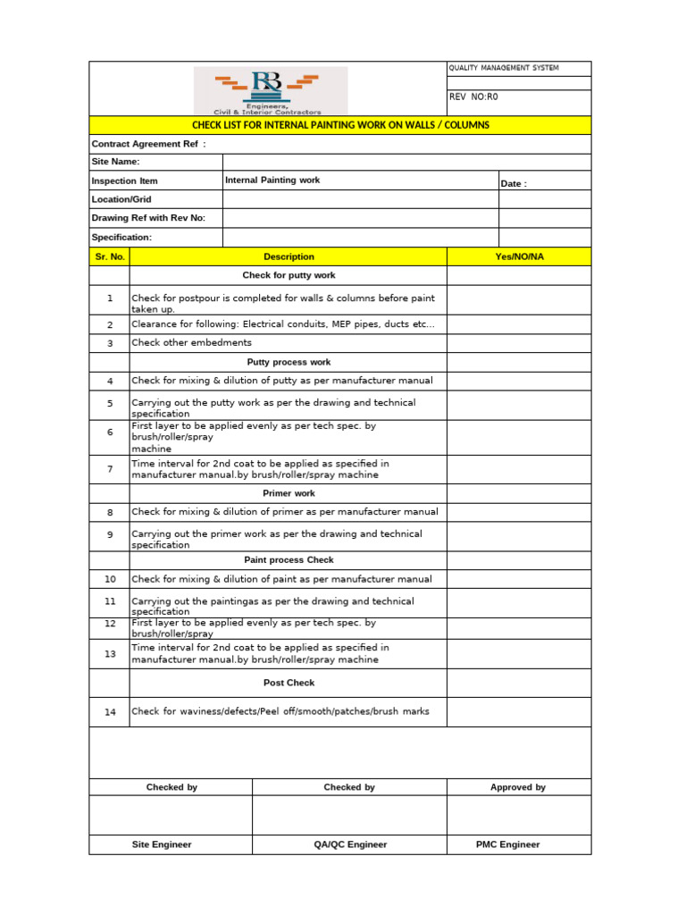 Internal Painting Work Checklist | PDF