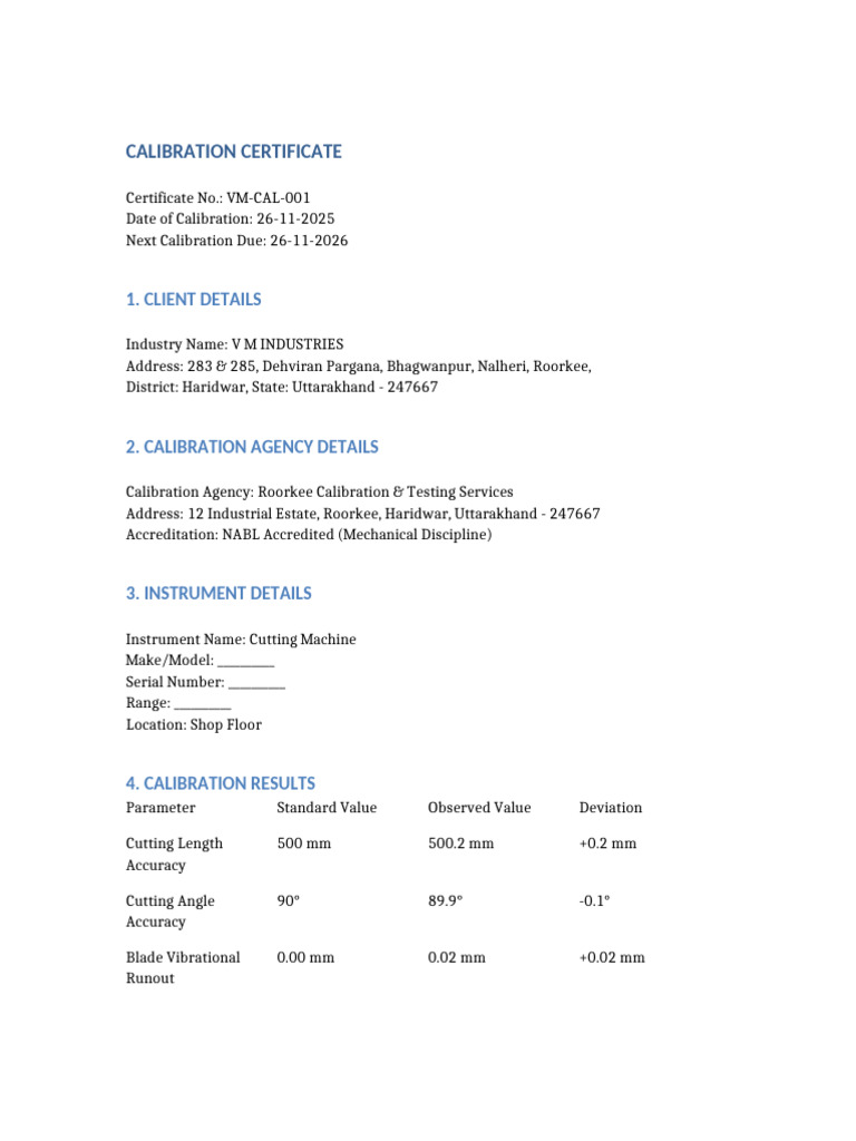 Calibration Certificate for Cutting Machine | PDF