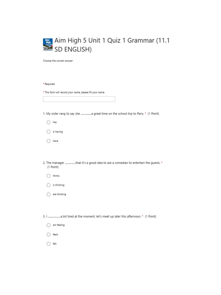 Aim High 5 Unit 1 Grammar Quiz | PDF