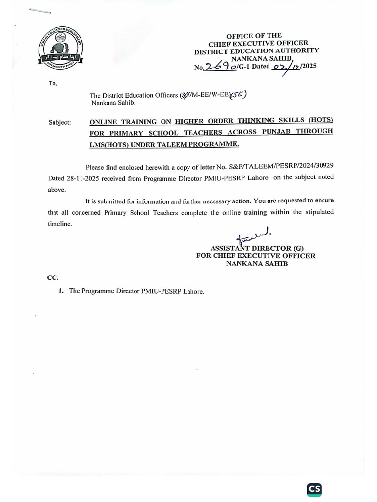 Online Training On Higher Order Thinking Skills (Hots) For Primary School Teachers Across Punjab ...