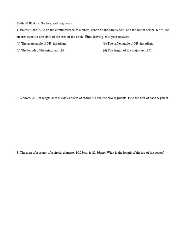 Math 30-1 (IB) Arcs, Sector and Segments | PDF | Circle | Angle