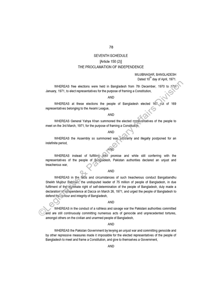 Bangladesh Independence Proclamation 1971 | PDF | Bangladesh | Government