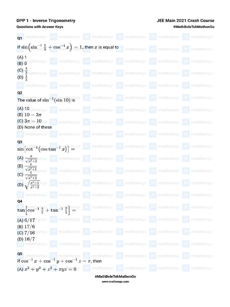 DPP 1 Inverse Trigonometry Question Mathongo Compressed | PDF