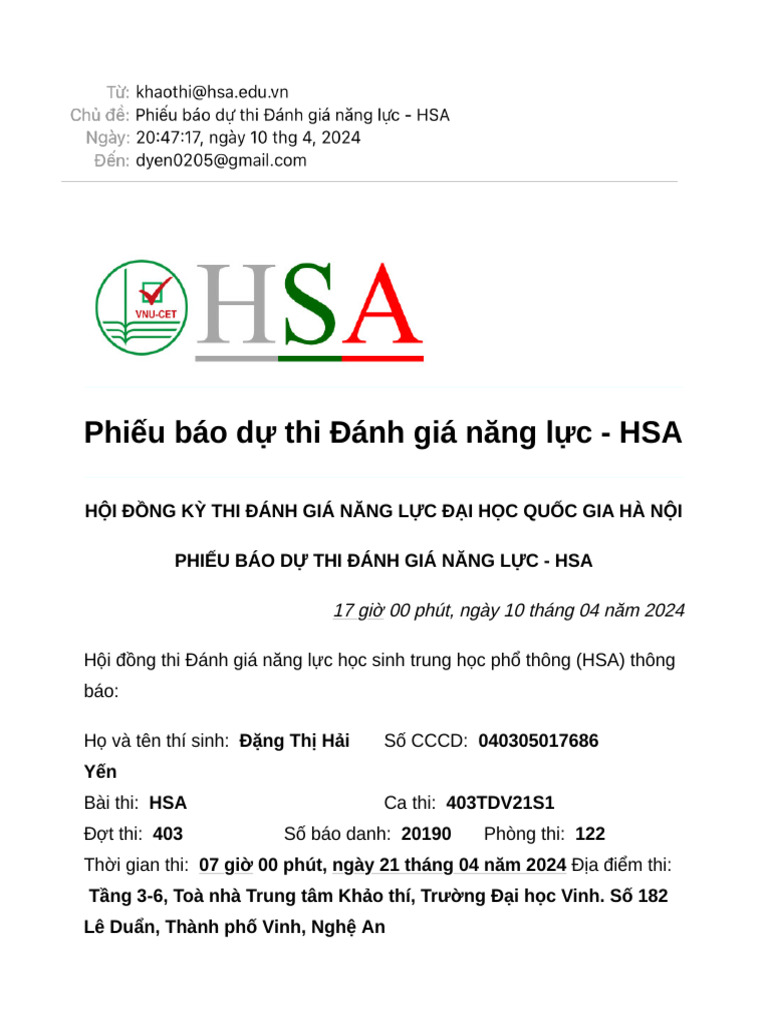 Phiếu Báo Dự Thi Đánh Giá Năng Lực - HSA | PDF