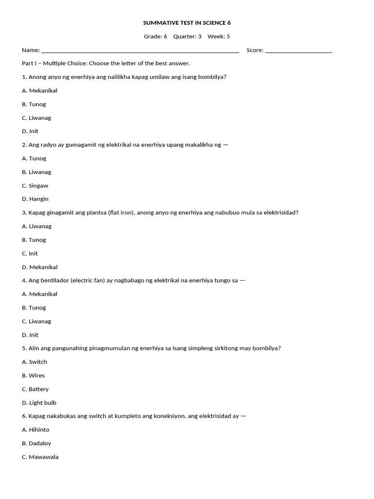 Summ - Test Science 6 q3 w5 | PDF