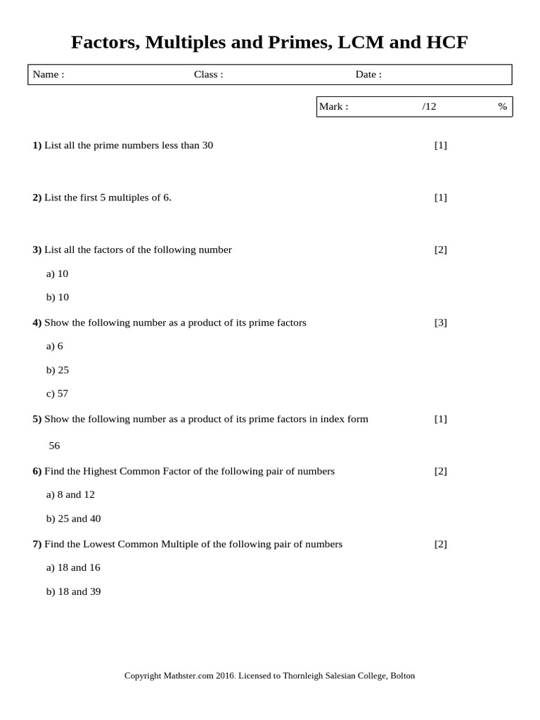 Factors, Multiples and Primes, LCM and HCF - 3 | PDF
