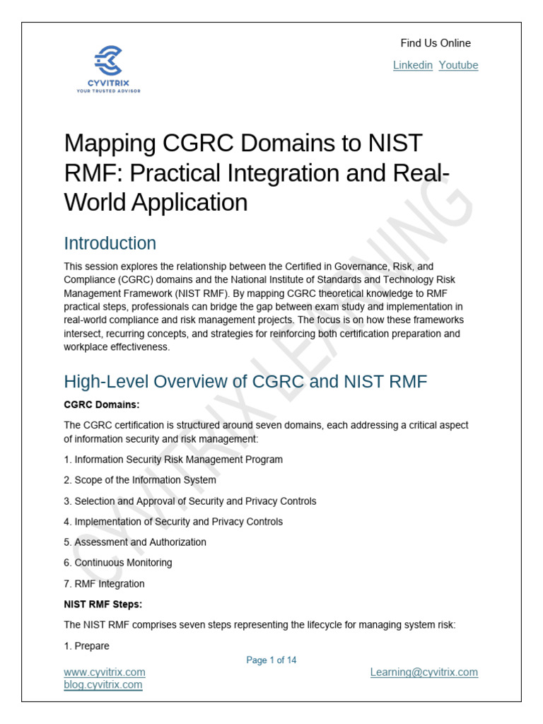 Mapping CGRC Domains To NIST RMF: Practical Integration and Real-World ...