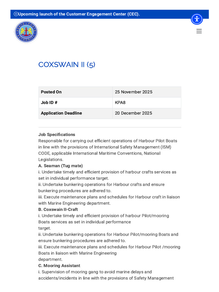 Coxswain II Job Opening at KPA | PDF | Maritime Pilot | Shipping
