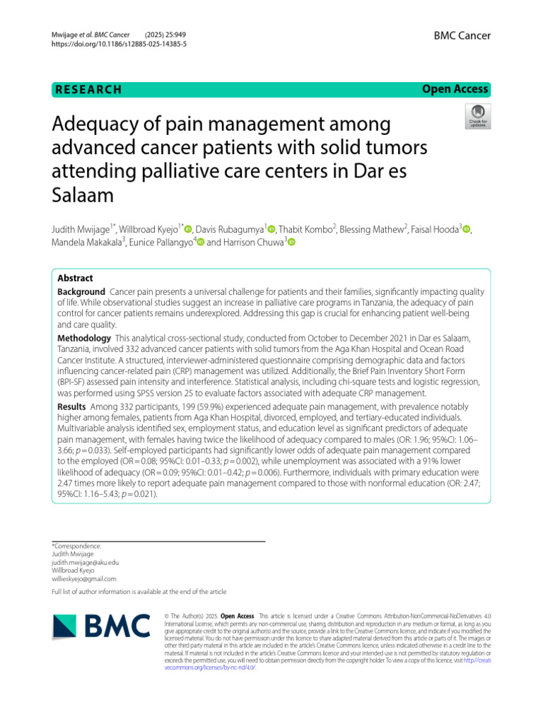 Adequacy of Pain Management Among Advanced Cancer Patients With Solid Tumors Attending ...