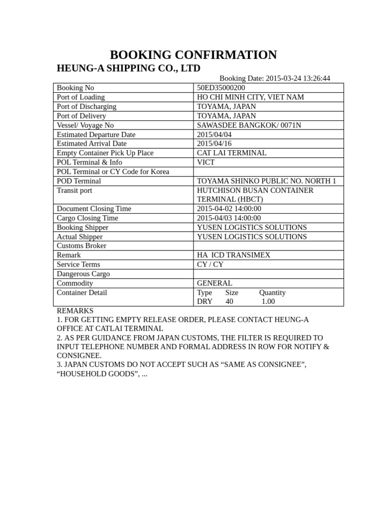 Heung-A Shipping Booking Confirmation | PDF