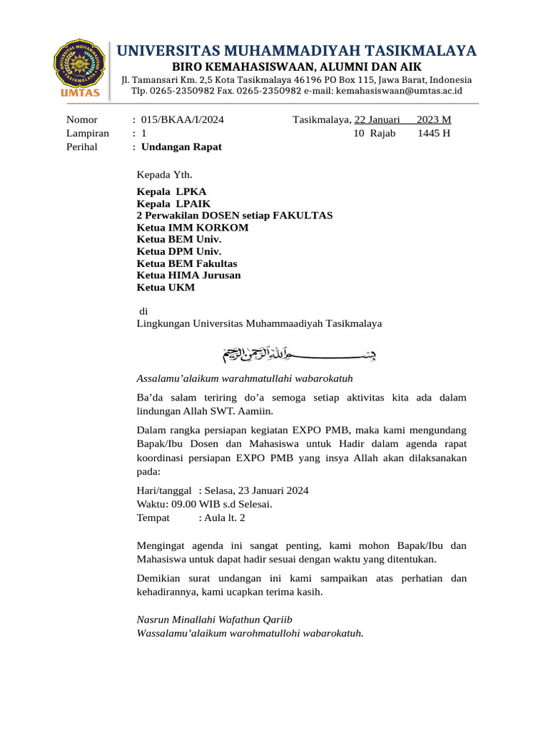 015 Surat Undangan RAPAT Koordinasi EXPO PMB UMTAS | PDF