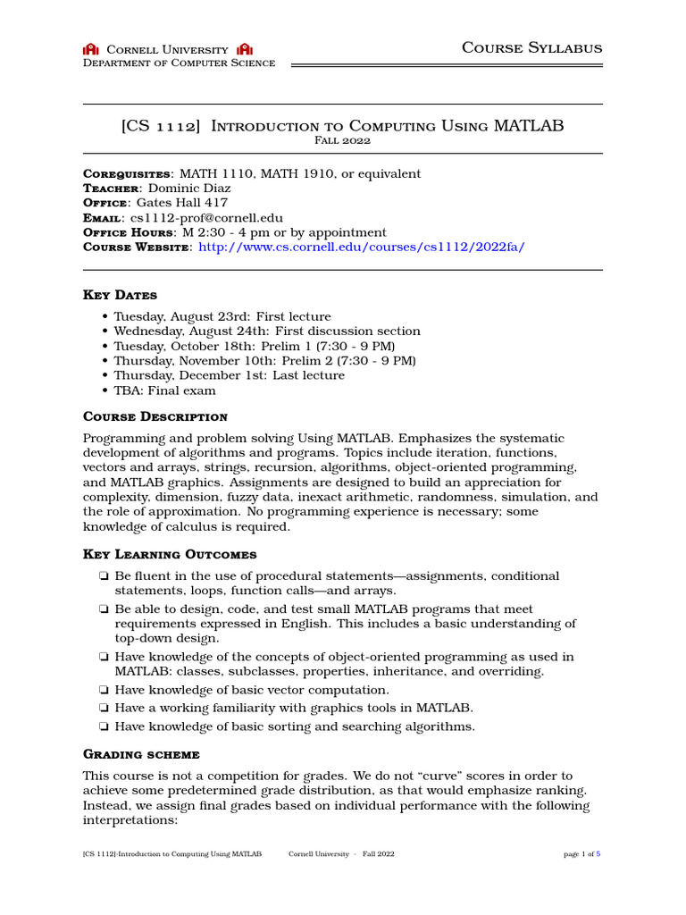 CS_1112_Syllabus-Matlab | PDF | Control Flow | Matlab