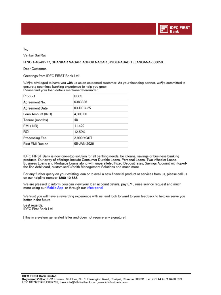 Sanction Letter VANKAR SAI RAJ | PDF | Banks | Loans