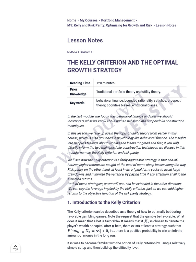 Lesson Notes: The Kelly Criterion and The Optimal Growth Strategy | PDF ...