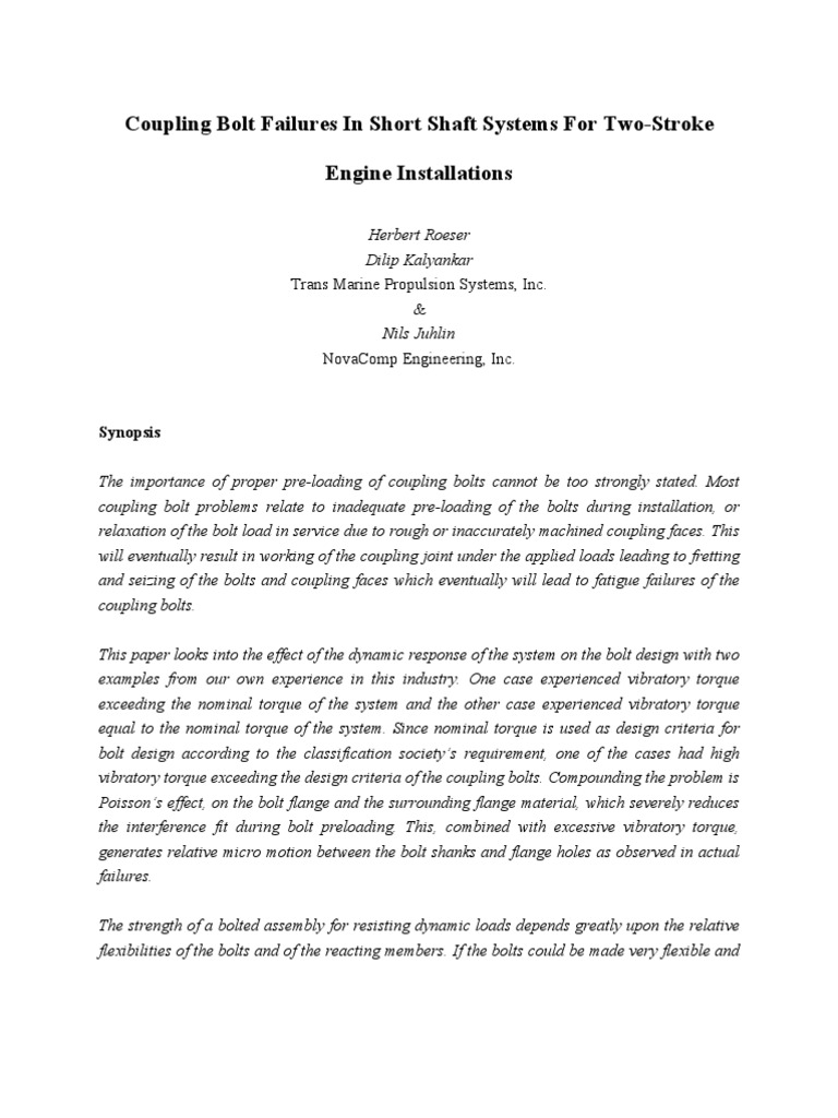 Coupling Bolt Failures in Short Shaft Systems For Two-Stroke Engine ...