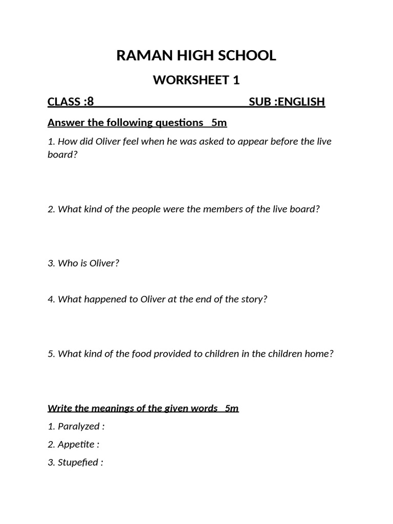 Class 8 English Worksheet on Oliver Twist | PDF