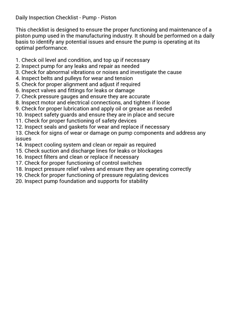 Daily Inspection Checklist - Pump - Piston | PDF