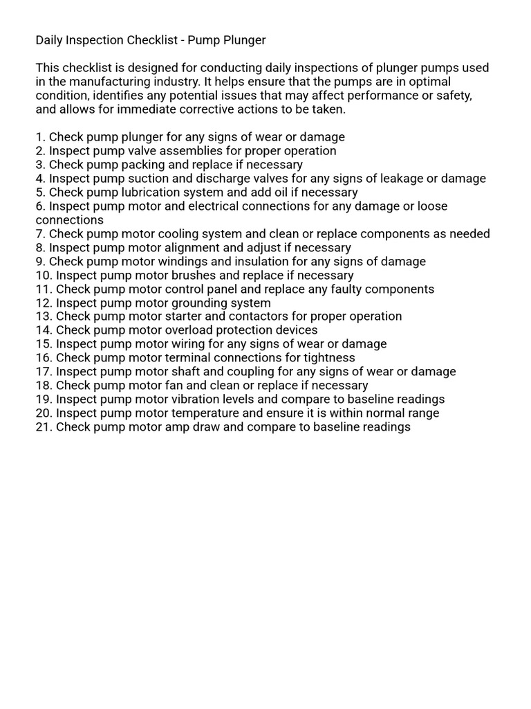 Daily Plunger Pump Inspection Checklist | PDF