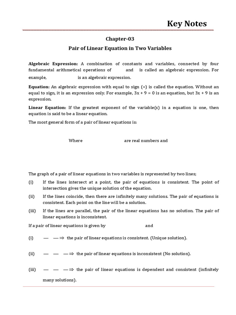Pair of Linear Equation Class Notes. | PDF