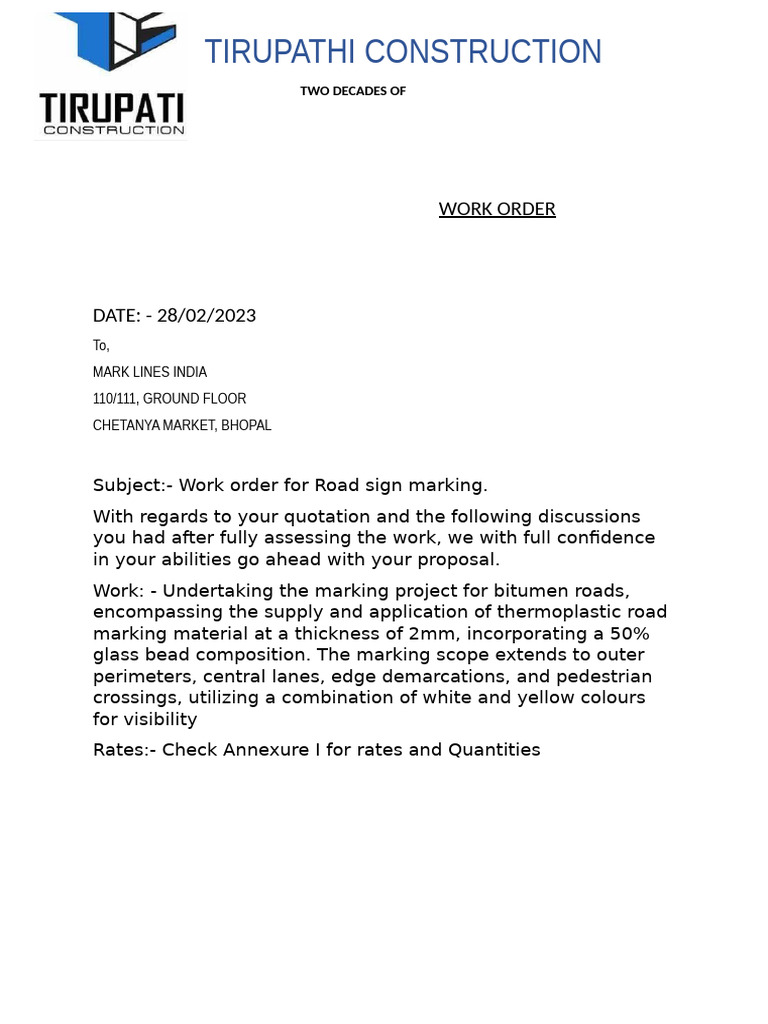 Road Sign Marking Work Order | PDF