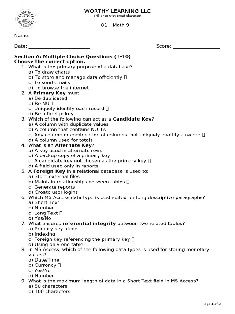 Grade 8 ICT Solved Paper | PDF | Microsoft Access | Relational Database