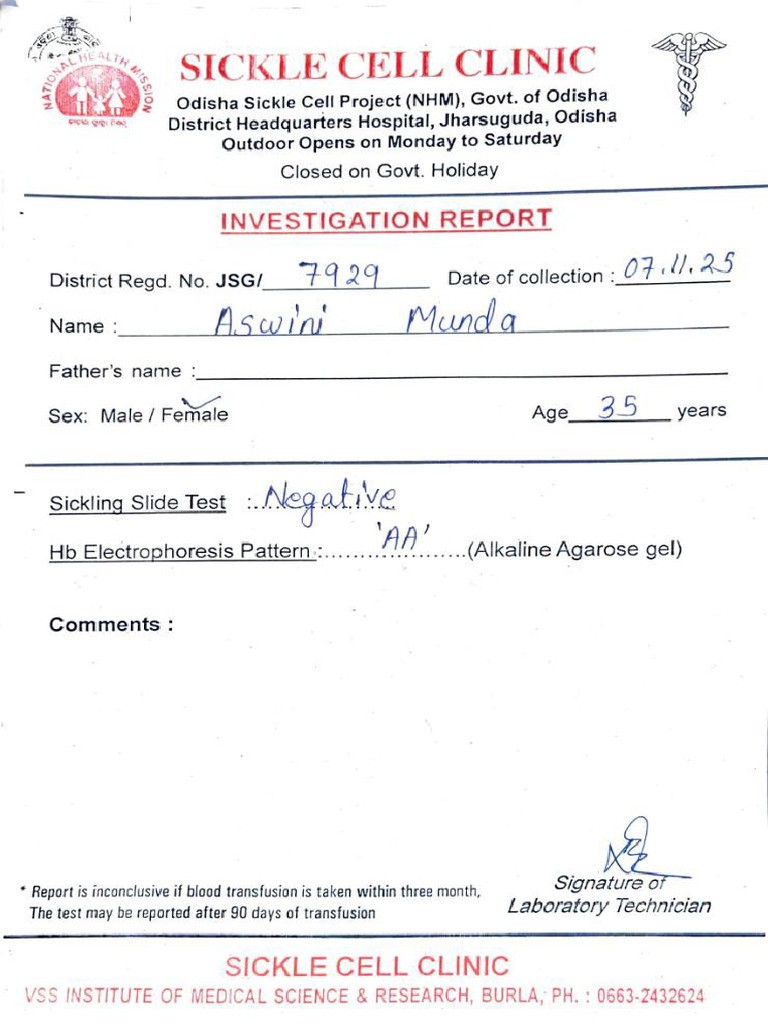 Aswini Munda (Sickling, Hplc Test Report) | PDF