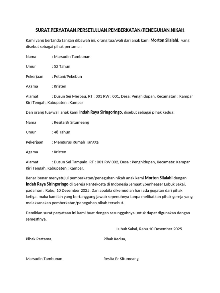 Surat Persetujuan Pemberkatan Nikah | PDF