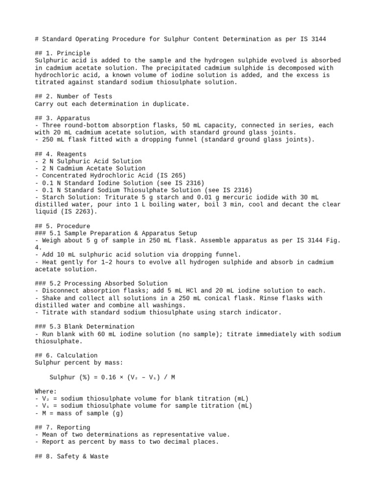 Sulphur Content Testing SOP IS 3144 | PDF