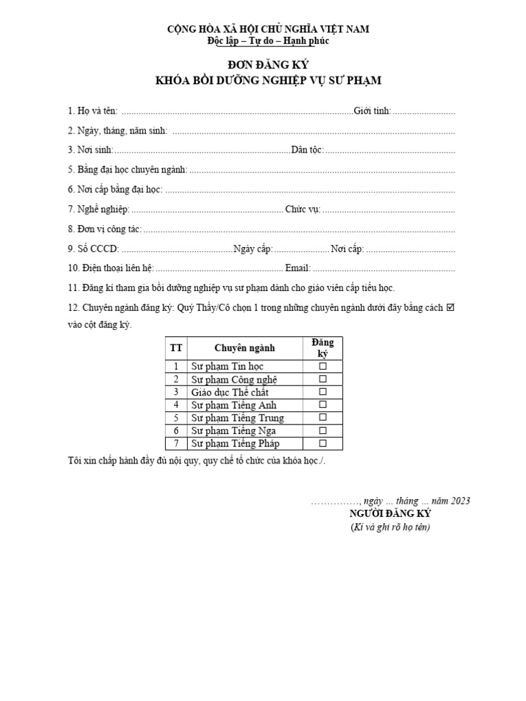 Don Dang Ky NVSP Tieu Hoc | PDF