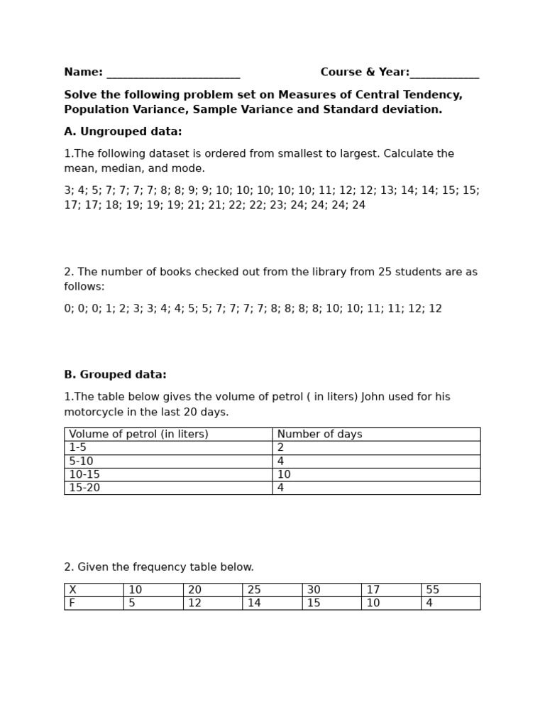 Problem Set On Central Tendency Variance and Standard Deviation | PDF