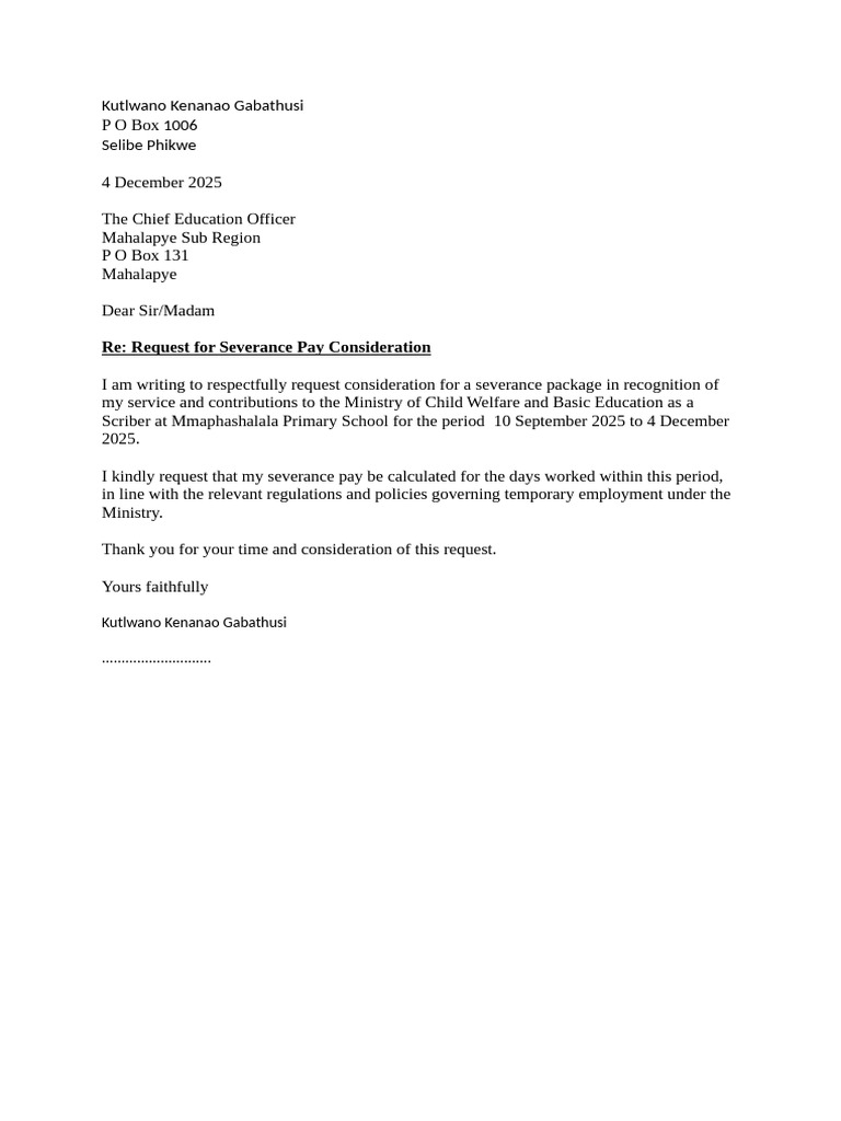 Severance Pay Request Letter | PDF