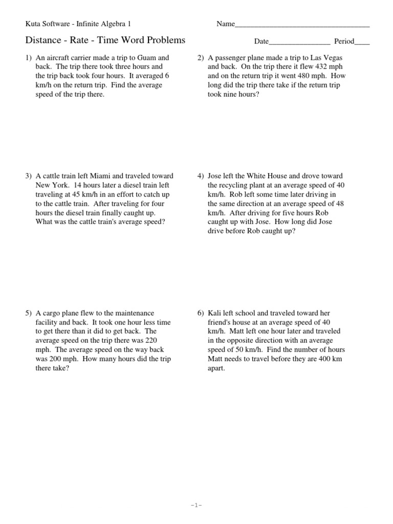 Distance Rate Time Word Problems | PDF | Speed | Train