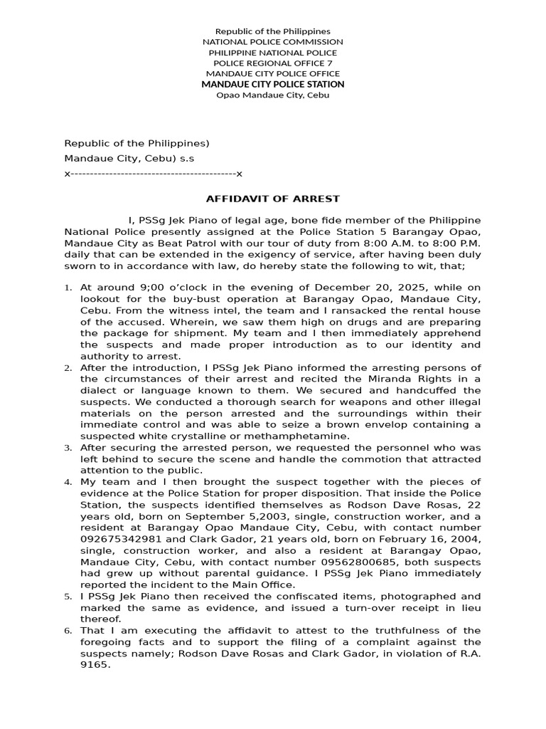 Affidavit of Arrest in Mandaue City | PDF | Affidavit | Law Enforcement