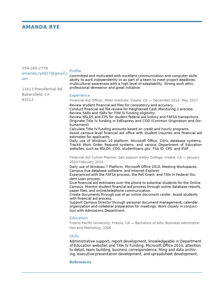 Amanda Rye Resume 03-18 | PDF | Student Financial Aid In The United ...