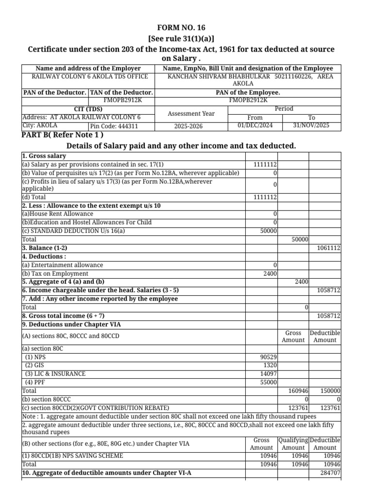 Form 16 TDS Certificate for Salary | PDF | Economies | Taxes