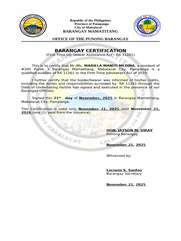 Barangay Certification for Job Seekers | PDF
