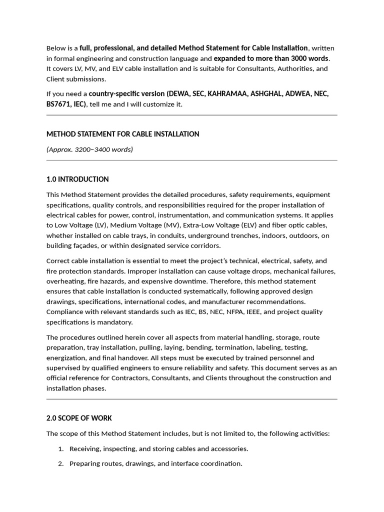 Method Statement for Cable Installation | PDF | Electrical Wiring ...