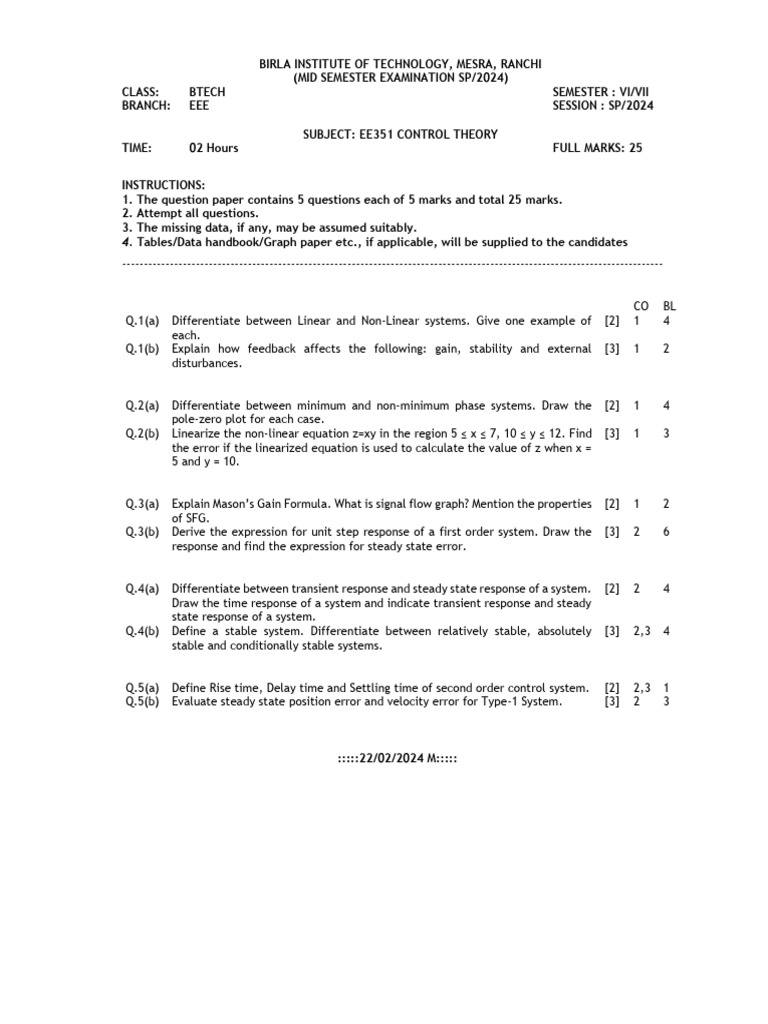 Ee351 Control Theory | PDF | Applied Mathematics | Control Theory