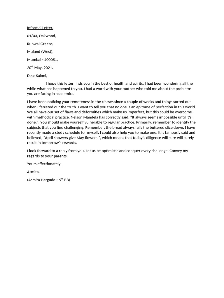 Informal Letter_asmita Hargude_9th Bb | PDF