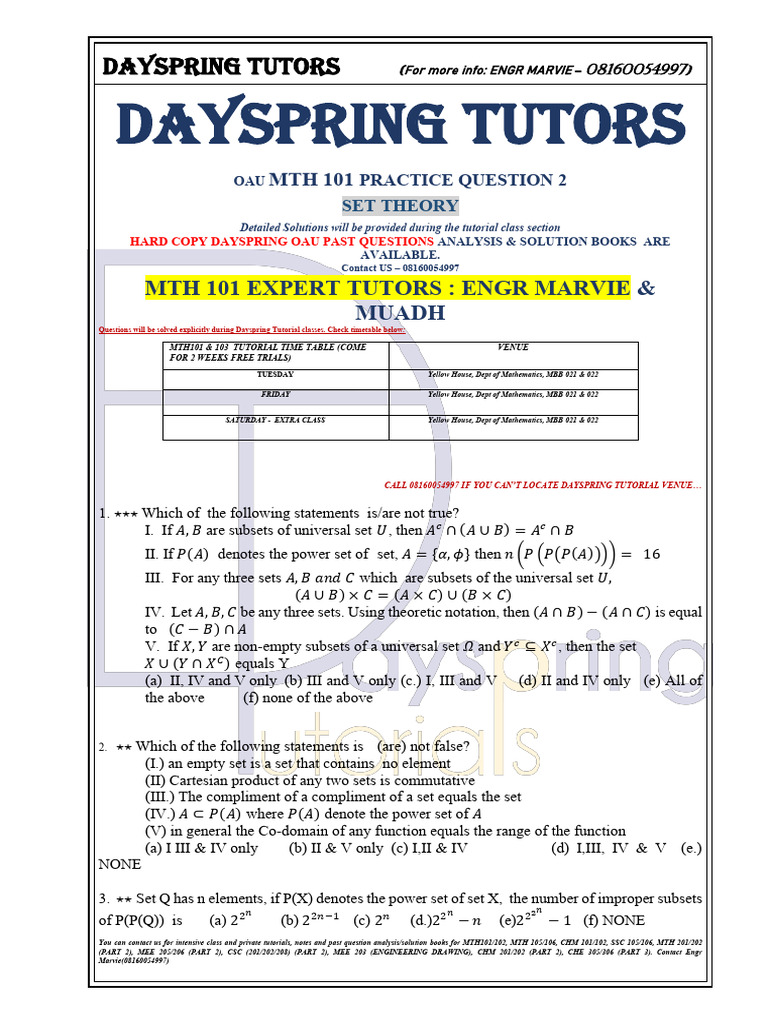 Oau Mth 101 Practice Question 1 on Set Theory by Engr Marvie & Muadh ...